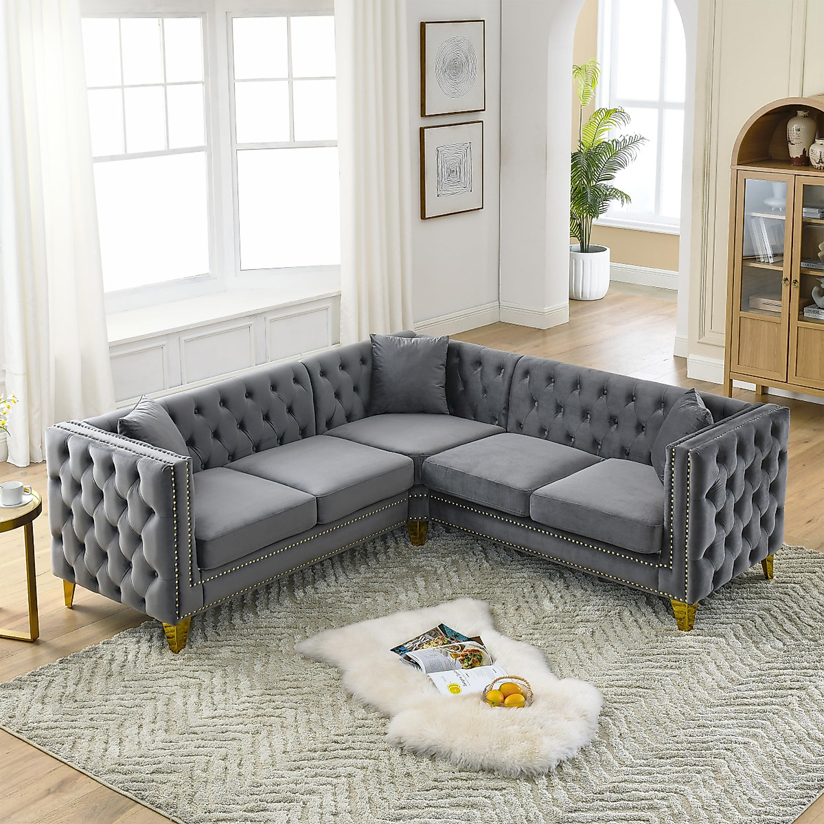 Merax L-Shaped 82.2-inch Sofa Couch, Luxury Classic Chesterfield Velvet Corner Sofa, Button Tufted Upholstered Sectional Corner Sofa with 3 Pillows and Metal Legs, Grey