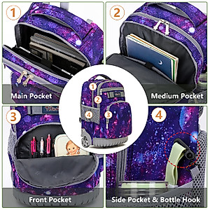 NEW TILAMI 18 Inch Rolling Backpack with Zipper Mesh Pouch Boys Girls Wheeled Laptop Backpack for School Travel Trip Backpack, Purple Galaxy