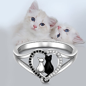 Cat Ring Cat Rings for Women Black Cats Ring Remembrance White Black Cats Couple Sterling Silver Animal Lovers Jewelry Size 8
