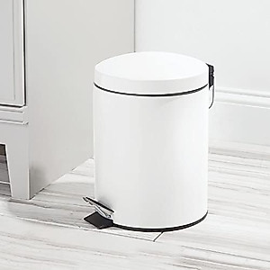 mDesign Modern 1.3 Gallon Round Small Metal Step Trash Can Wastebasket, Garbage Container Bin for Bathroom, Powder Room, Bedroom, Kitchen, Craft Room, Office - Removable Liner Bucket - White