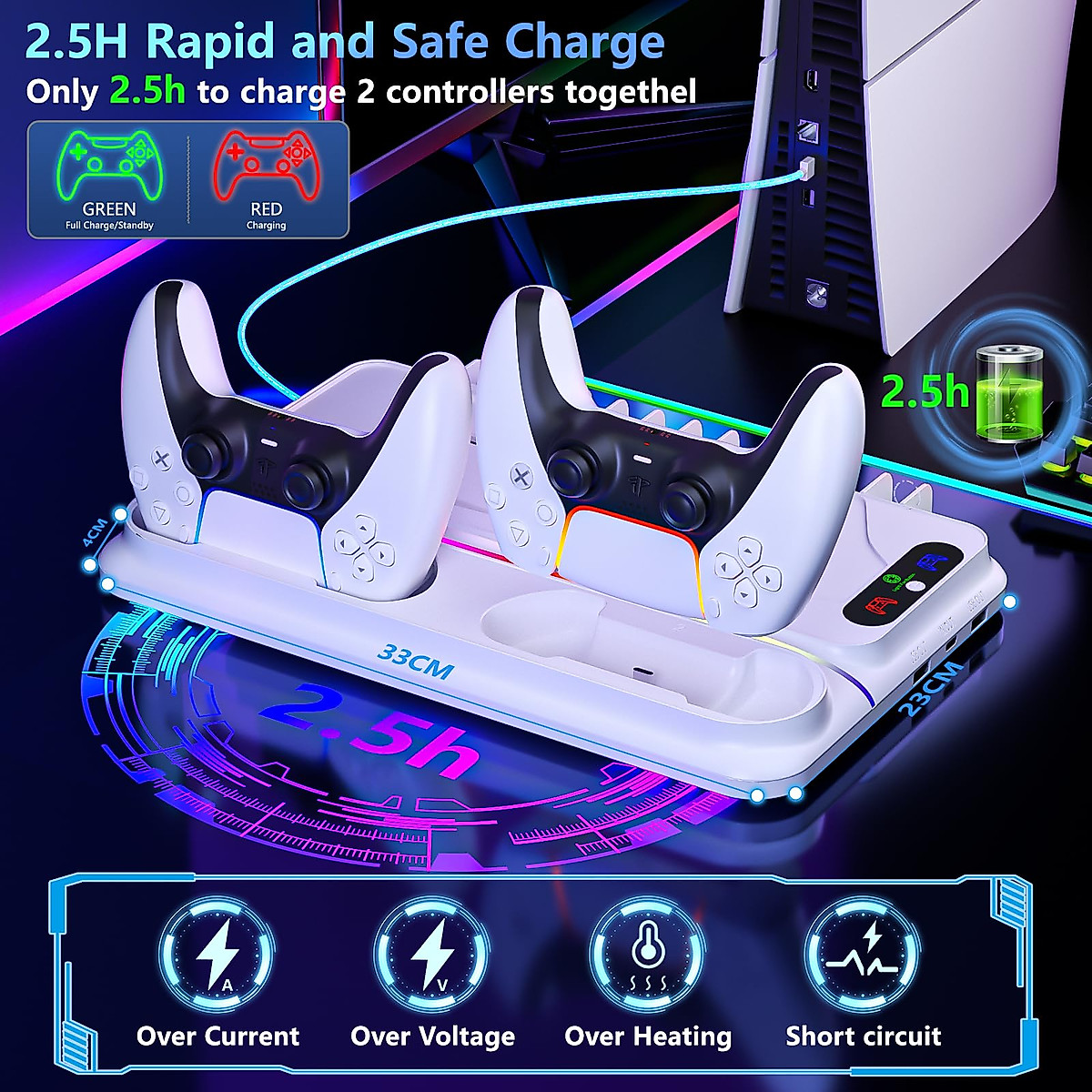 PS5 Pro Stand,PS 5 Cooling Station with Dual PS5 Controller Charger 3 Level Fan ,3 USB Hub Fast Charge drive 9 RGB Light hard ps5 Slim Stand for All Disc & Digital Console Playstation Vita Upgraded