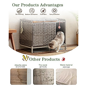 SETVSON Cat Litter Box Enclosure Cat Litter Box Furniture with Divider, Rattan Litter Box Enclosure with Cat Litter Mat, 31.2×19.6×24.2 Inches Hidden Cat Litter Box Cat House for Living Room (Gray)