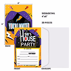 Tuyashua 90's House Party Invitations, 90's Birthday Party Invitations, Hip Hop Party Supplies for Men or Women, Birthday Party Decorations, 20 Cards with Envelopes - I01