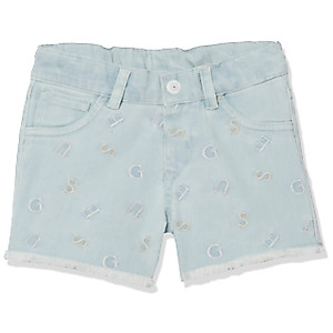 GUESS baby girls Embroidered Stretch Denim Shorts, Blue Wash and Multicolor Letters, 9 Months US