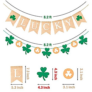 WATINC 2pcs St. Patrick's Day Burlap Banner, Lucky Clover Banner with Green Shamrock Leaf Gold Coin Felt Garland for Celebrate Irish Day Party,Saint Patty’s Day Home Hanging Decor for Mantel Fireplace