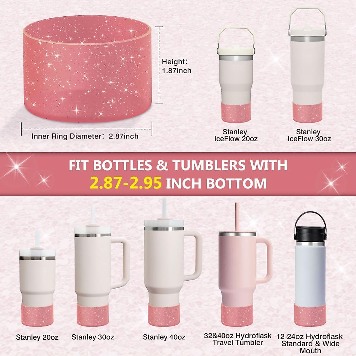 WUQID Protective Bling Silicone Boot Sleeve, Compatible with Stanley Tumbler 20-40oz & Hydro Flask Bottle 12oz-24oz, Glitter Reduces Dents Sleeve Cover for More Bottles/Tumblers Bottom of 2.83-2.95in