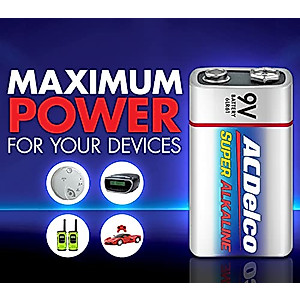 ACDelco 8-Count 9 Volt Batteries, Maximum Power Super Alkaline Battery, 7-Year Shelf Life, Reclosable Packaging