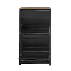 Aiuyesuo Slim Shoe Cabinet Set with 4 Flip Drawers, Wood Grain Pattern Top Shoe Storage Solution with Adjustable Panel, Shoe Rack with 2 Top Storage Drawers for Hallway Entryway (Black-QR0)