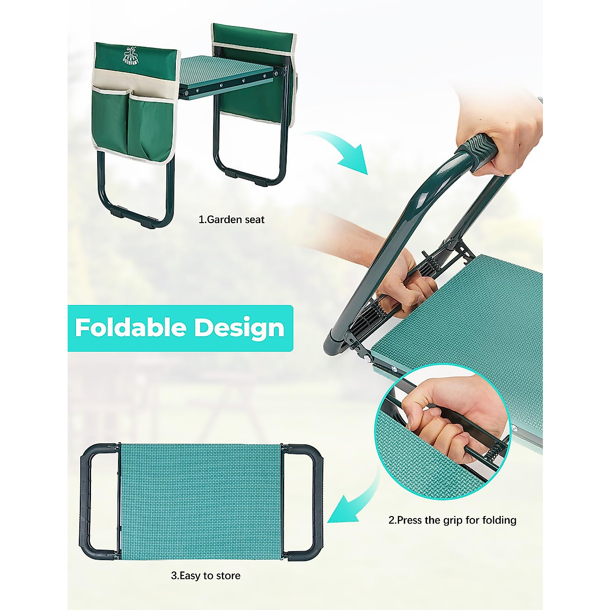 DEERFAMY Garden Stool 10.2" Width, Garden Kneeler and Seat Load Cap 350 lbs, Heavy Duty Gardening Stool with Extra Kneeling Pad, 2 Tool Pouches, Claw Gloves, Gift for Women Seniors, Green