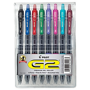 PILOT G2 Premium Refillable and Retractable Rolling Ball Gel Pens, Fine Point, Assorted Color Inks, 8-Pack Pouch (31128)