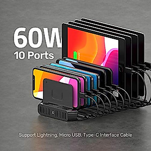 Unitek USB Charging Station, 10 USB Fast Ports Charge Docking Station and Adjustable Dividers, Multi Device Charger Organizer Compatible with iPad, iPhone, Tablet and Cell Phone