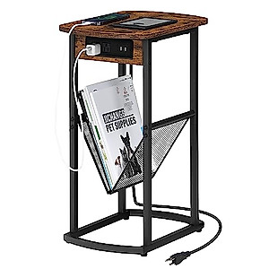 Hzuaneri Side Table with Charging Station, End Table with V-Mesh Magazine Holder, Industrial Record Player Stand with CD Album Storage Shelf, Rustic Brown and Black ET05401B