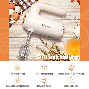 Bear Hand Mixer Electric DDQ-B01K1 125W Ultra Power Stand-up Kitchen Handheld Mixers with 2 Beaters/5-Speed Adjustment for Whipping Mixing Cookies/Brownies/Cakes 220V