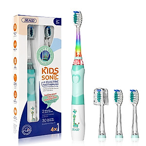 SEAGO Kids Electric Toothbrush with 2 Mins Brushing Timer and 4 Replacement Bursh Heads, Rainbow LED Light Make Brushing Fun, Green Color Boys Battery Powerd Toothbrush for 4-12 Years Old，SG-977