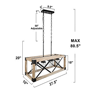 LOG BARN Dining Room Lighting Fixtures Hanging, 4-Light Farmhouse Chandelier, 27.5" Rectangular Chandelier with Clear Glass Shades