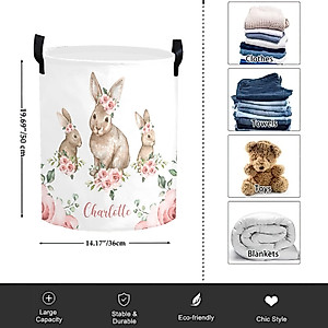 Personalized Laundry Basket Hamper,Floral Bunny Rabbit,Collapsible Storage Baskets with Handles for Kids Room,Clothes, Nursery Decor