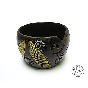 Hind Handicrafts Premium Solid Dark Handmade Crafted Wooden Portable Antique Yarn Storage Bowl - Holder for Knitting Crochet Hook Accessories (6" x 6" x 4", Antique - Golden Leaf)