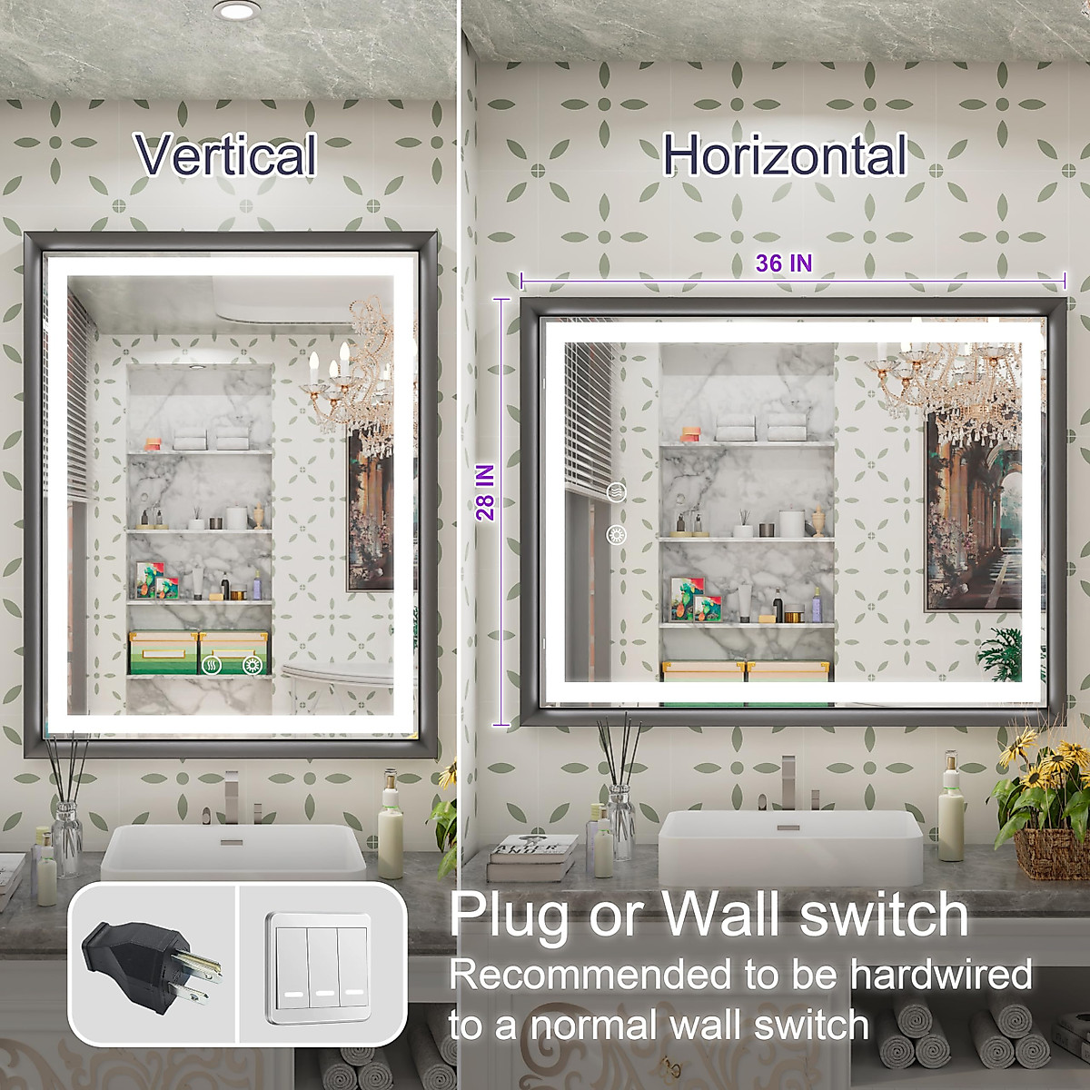 JSneijder LED Bathroom Mirror(2 Pack), 28x36 Inch Frame Mirror + 28x36 Inch Frameless Mirror