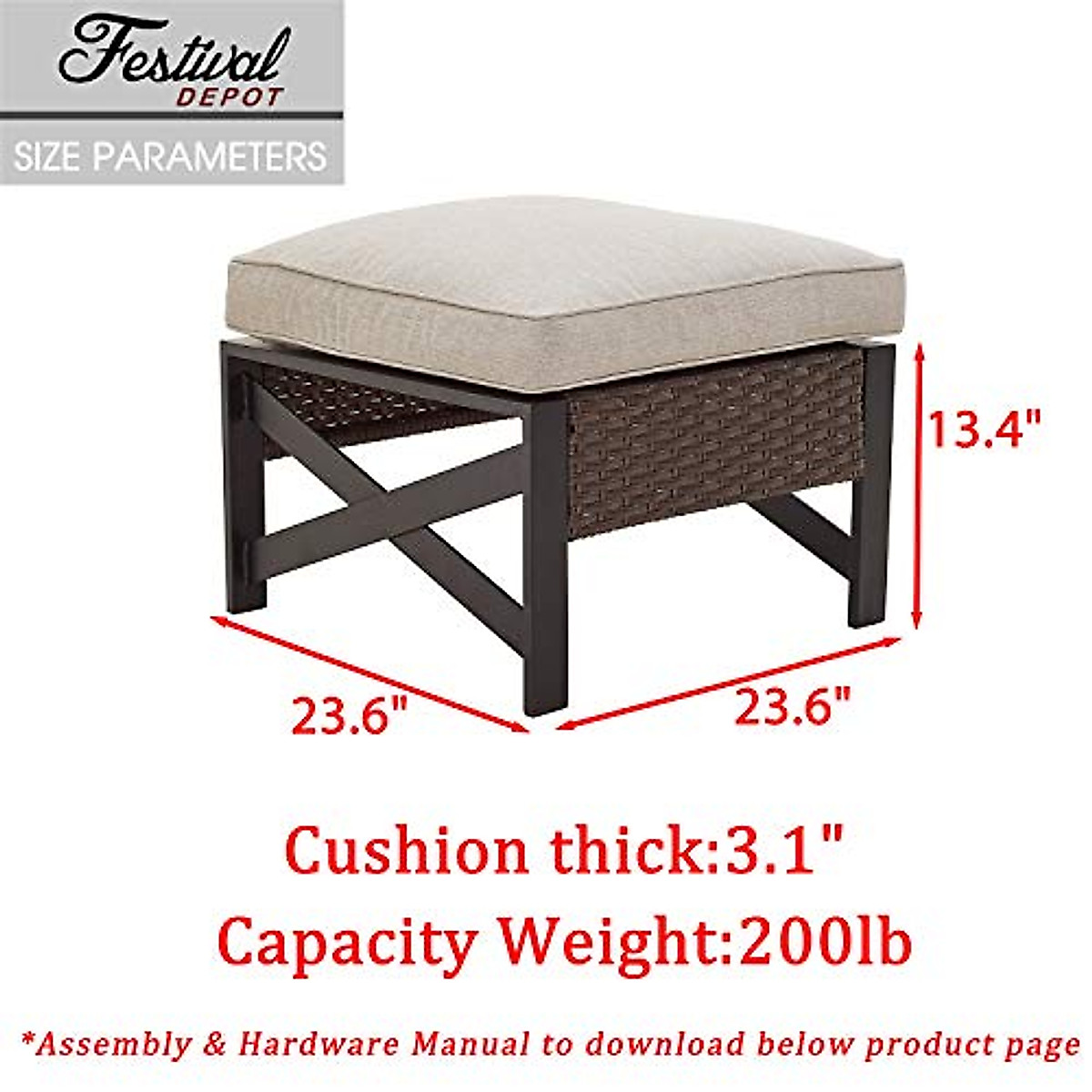 Festival Depot Patio Ottoman Footstool Outdoor Furniture with Wicker Rattan, X Shape Slatted Steel Frame Foot Rest with Premium Fabric Soft Cushion Square for Garden Yard Lawn All-Weather