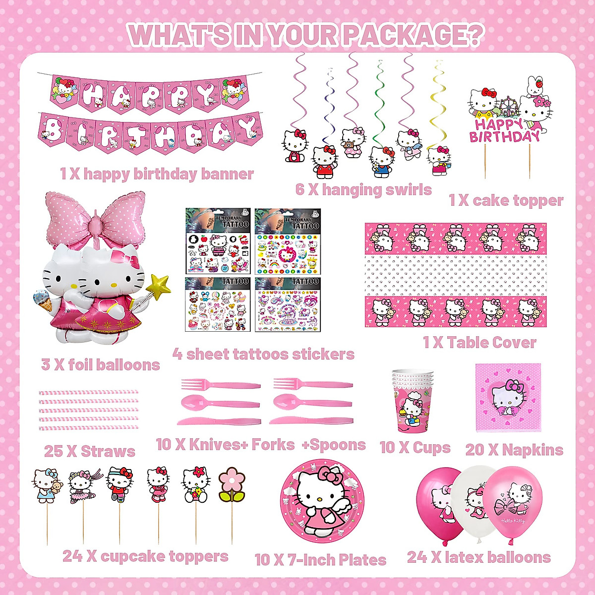 Kitty Birthday Party Supplies, 200 Pcs Cute Kitten Party Favor Pink Party Decorations includes Cake Topper, Tableware, Kitten Foils Balloons, Tattoos Stickers, Hanging Swirl
