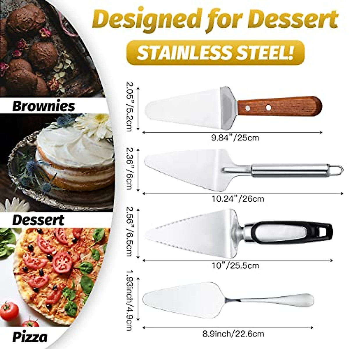4 Pieces Pie Server Set Stainless Steel Pie Spatula Metal Pie Cutter Serrated Cake Server Wood Handle Pizza Server Slicer Flatware Cake Pie and Pastry Servers for Kitchen Cutting Serving Desserts