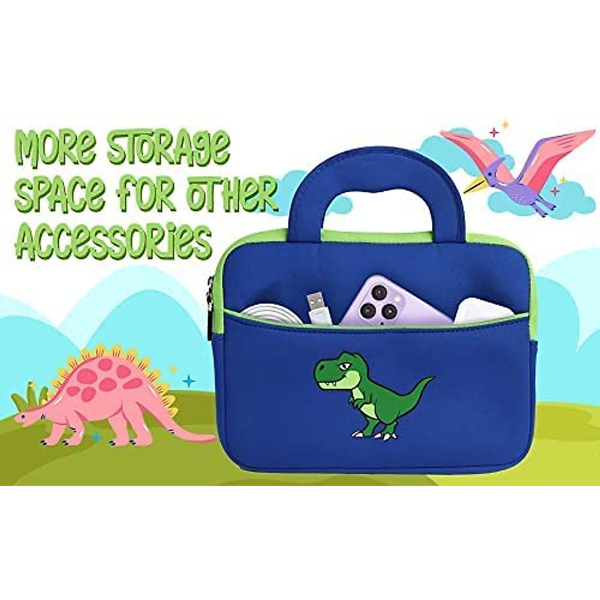 Kids Tablet Carrying Case, 7-10.5 inch Universal Neoprene Zipper Sleeve Tablet Bag Compatible with All Fire Kids, Kids Galaxy and Apple iPad Kids Tablets.(Blue Dino)