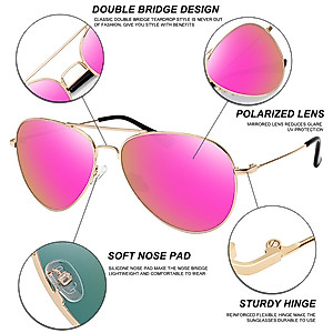 WOWSUN Classic Polarized Aviator Sunglasses for Women Men (Golden Frame Purple Pink Mirrored Lens)