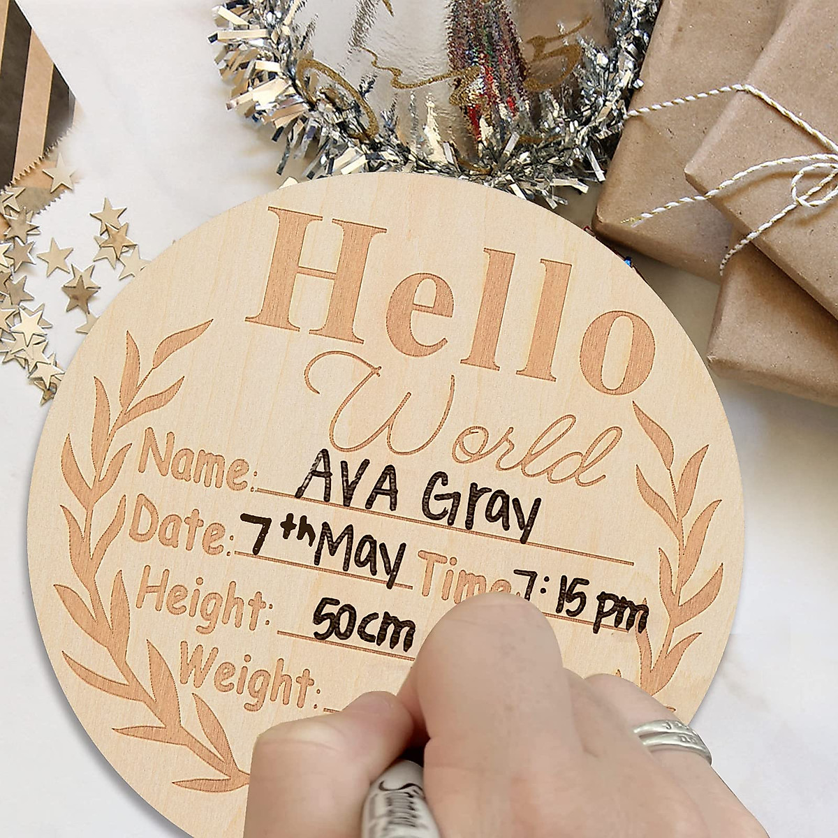 Aitikili Baby Announcement Sign - Hello World Newborn Sign,Wooden Baby Birth Announcement Sign for Nursery,Baby Name Sign for Hospital,Welcome Baby Newborn Arrival Sign Announcement Board for Photo