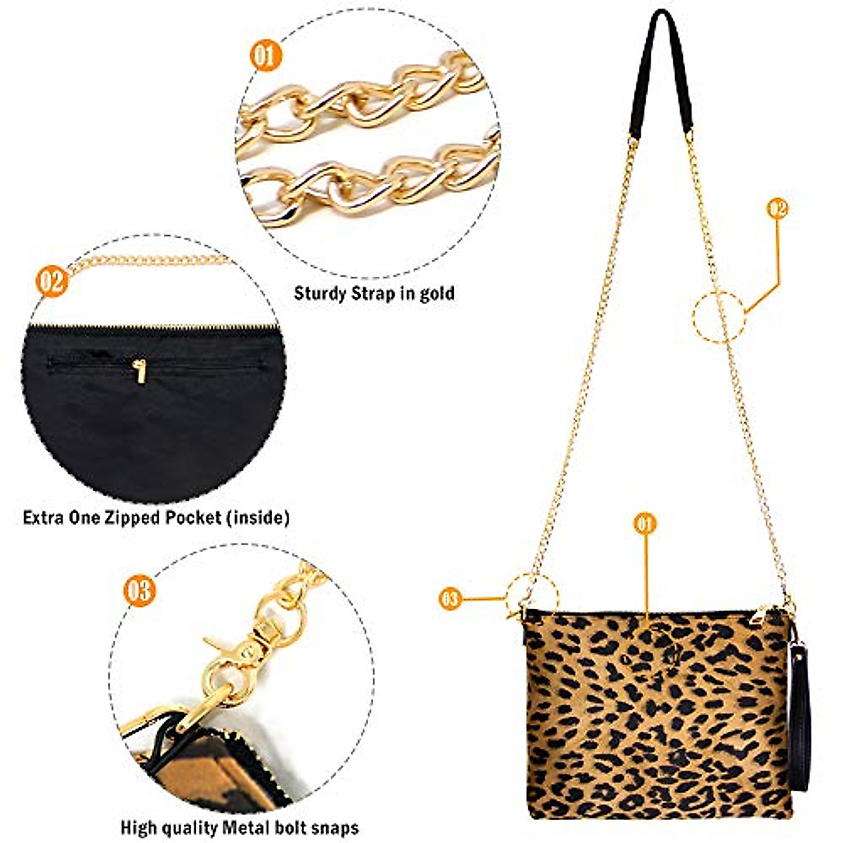 Me Plus Women Fashion Leopard Print Handbag Shoulder Crossbody Bag Clutch Pouch Detachable Gold Chain Strap (Animal Print - Brown)