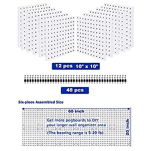 12 Pcs Pegboard, Peg Boards for Walls, Wall Mount Display Pegboard Panel Kits, Small Pegboard for Craft Room, Workshop, Office, Peg Boards for Walls - White Pegboards Panels