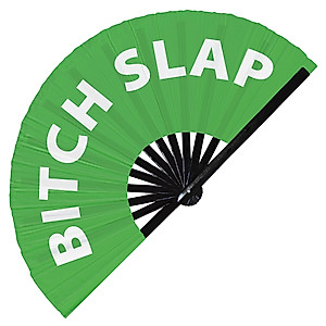 Bitch Slap Hand Fan Foldable Bamboo Circuit Hand Fan Funny Gag Slang Words Expressions Statement Gifts Festival Accessories Rave Handheld Circuit Event Fan Clack Fans (Green)