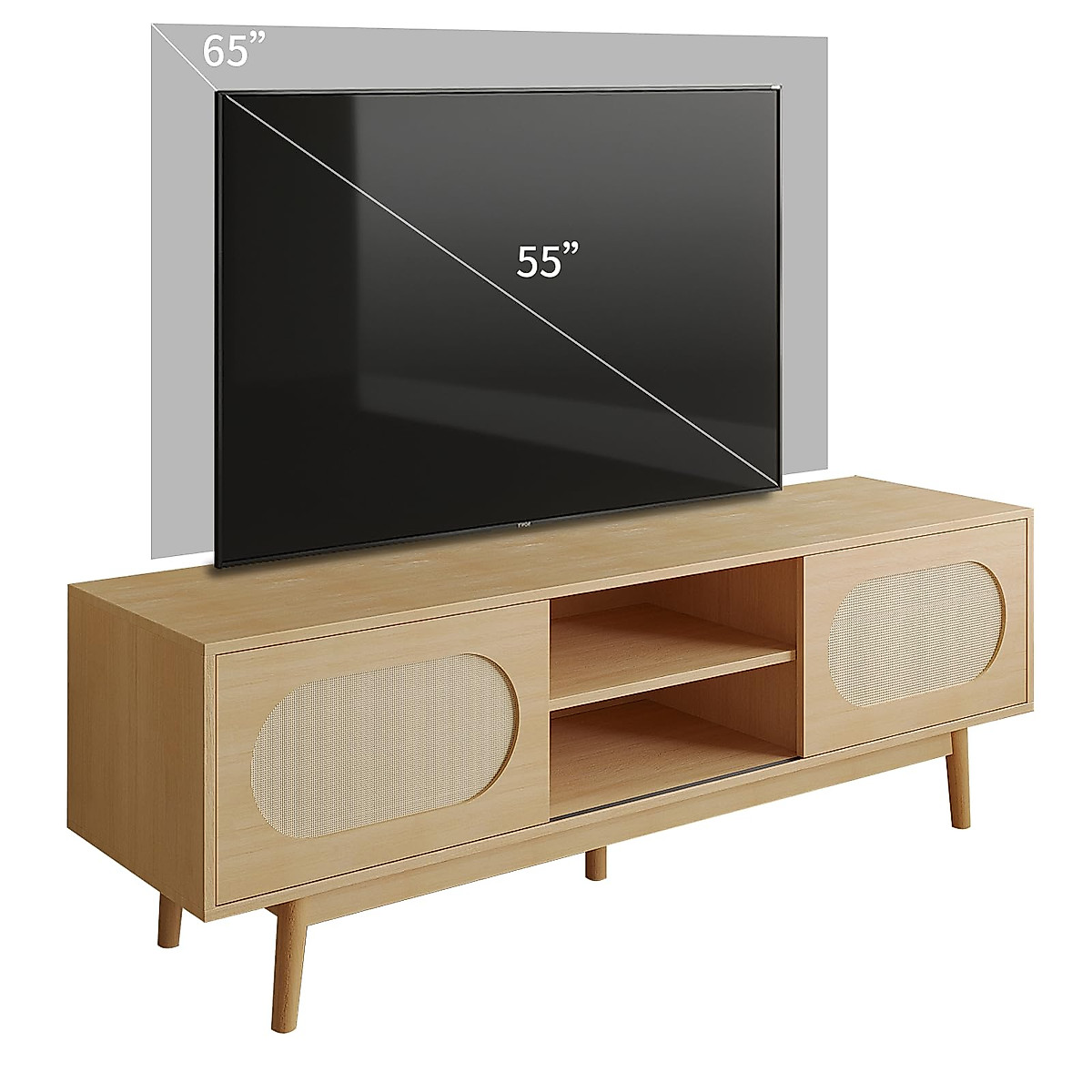 VOWNER Farmhouse Rattan TV Stand for 55/60/65 inch TV, Modern Entertainment Center with Natural Rattan Door and 2 Open Shelves, TV Console Table for Living Room, Wood Color