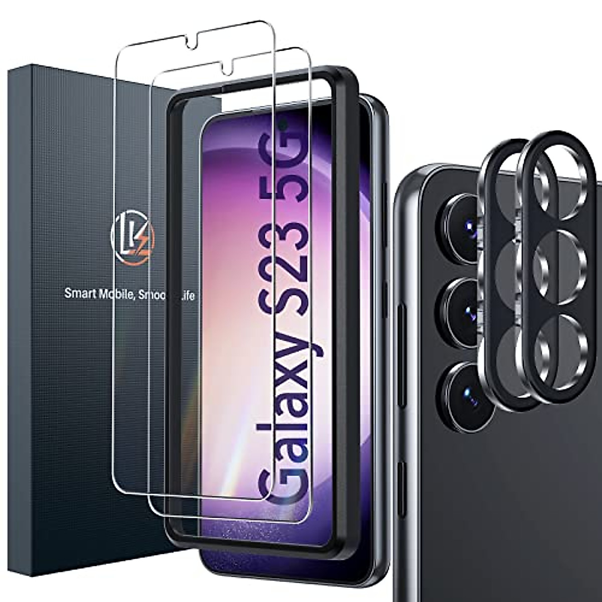 LK 2 Pack for Samsung Galaxy S23 Screen Protector & 2 Pack camera Lens Protector [Alignment Tool] Scratch-Resistant [Fingerprint Unlock Compatitble] Case Friendly, 9H Tempered Glass for S23 6.1 inch