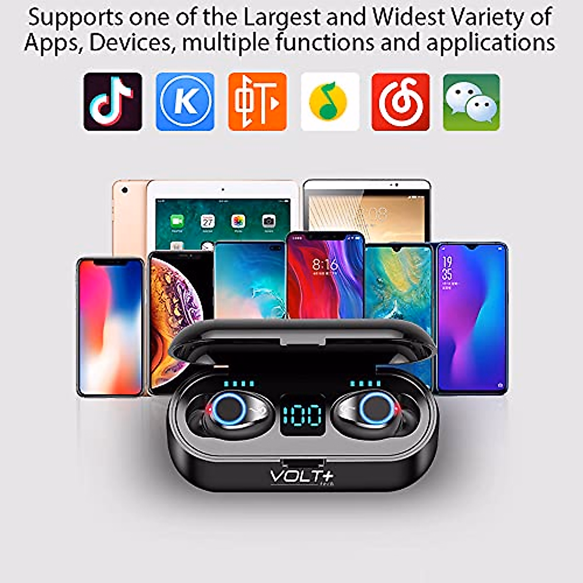 Volt Plus TECH Wireless V5.0 Bluetooth Earbuds Compatible with Amazon Fire Stick LED Display, Mic 8D Bass IPX7 Waterproof/Sweatproof (Black)