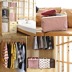 Sea Team Collapsible Canvas Fabric Storage Basket with Handles, Rectangle Waterproof Storage Bin, Box, Cube, Foldable Shelf Basket, Closet Organizer, 16.5 x 11.8 x 9.8 Inches, Red Stripe