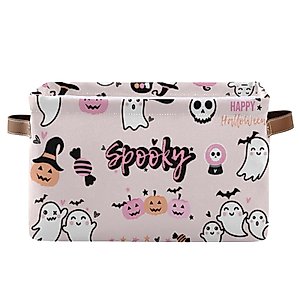 Sletend Foldable Canvas Storage Basket with Handles Halloween Cartoon Ghost Durable Storage Bin Organizer for Nursery Kids Shelves Desks Printed Canvas Storage Basket