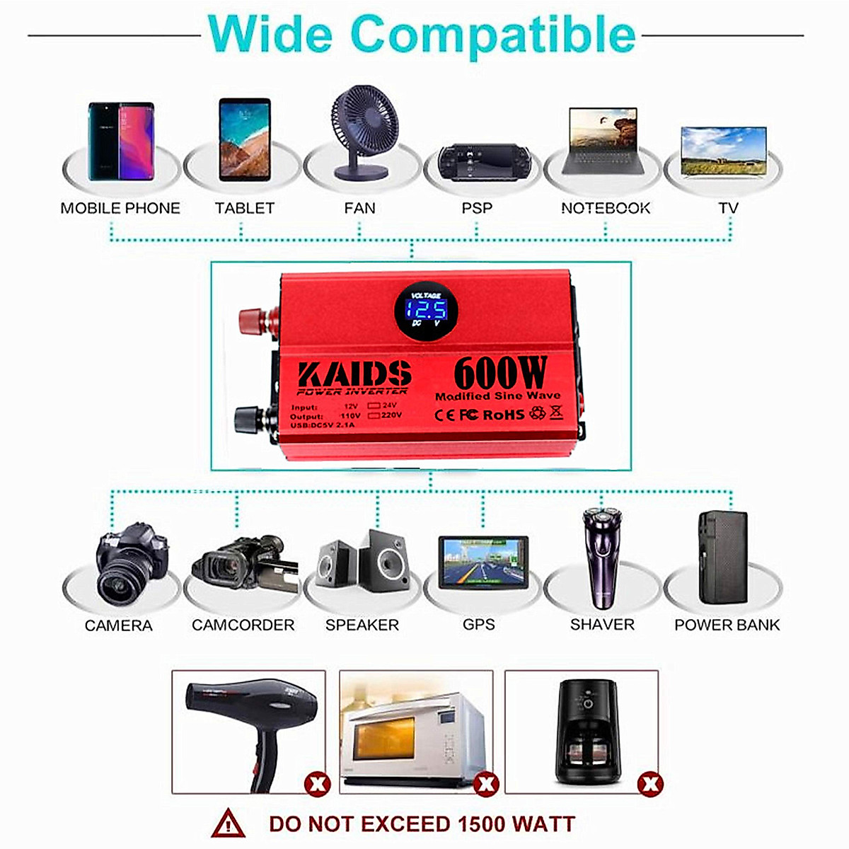 KAIDS Power Inverter Full Power 600W Car Inverter Laptop Charger Peak 1200W DC 12V to 110V AC Car Inverter USB Ports Charger Adapter Car Plug Converter with Switch and Current LED Screen (600w)