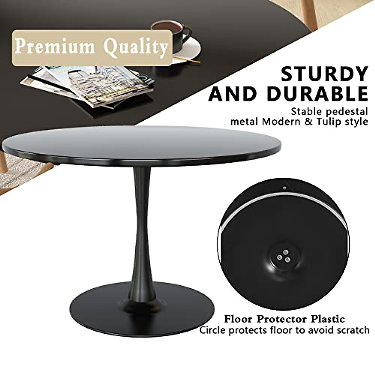 DKLGG Black Round, 42.1" Tulip Kitchen Dining 4-6 People with MDF Top & Pedestal Base, Mid-Century End Leisure Coffee Office Living Room Table