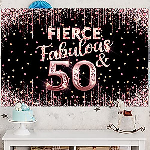 Happy 50th Birthday Backdrop Banner Fierce Fabulous and 50 Decorations for Women 50 Years Old Bday Background Rose Gold Pink Photography Party Decor Sign Supplies