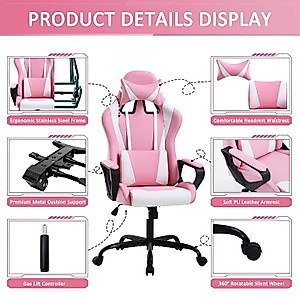 Gaming Chair High Back Ergonomic Leather Office Chair Adjustable Swivel Desk Chair Reclining Racing PC Computer Chair with Lumbar Support and Headrest for Back Pain Adults Teens（Pink）