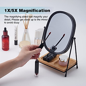 JOYOEIKON Tabletop 5x/1x Magnifying Makeup Mirror with Squared Bamboo Tray Small Desk Mirror 360° Rotation Vanity Mirror with Stand Desktop Cosmetic Mirror