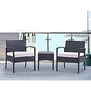 Tappio Outdoor Furniture 3 Piece Patio Bistro Furniture Set, Rattan Conversation Chairs Set with Side Table and Cushions, Porch Set Patio Furniture Set for Balcony Garden Yard, Gray