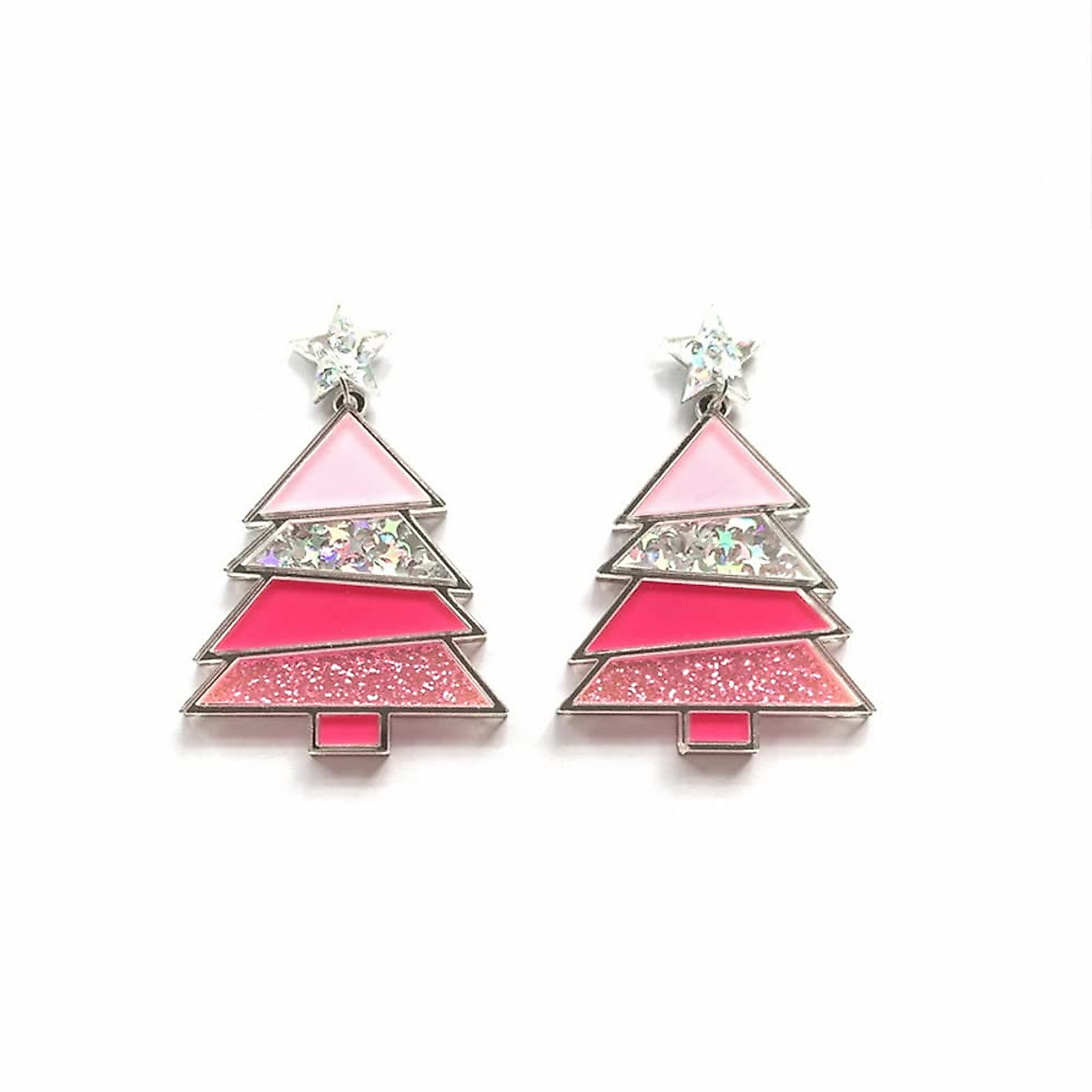 Pingyongchang Christmas Tree Acrylic Glitter Earrings for Women Lightweight Stars Drop Dangle Earrings Statement Holiday Jewelry Xmas Gifts-Pink