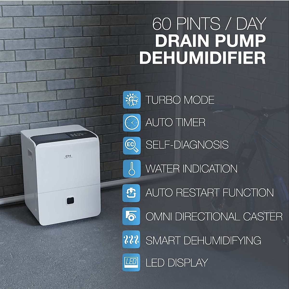 Cooper & Hunter 50 Pint Dehumidifier with Drain Pump for Large Room or Basements 4,500 Sq. Ft, 6L Water Tank (70 pint 2012 DOE standard)