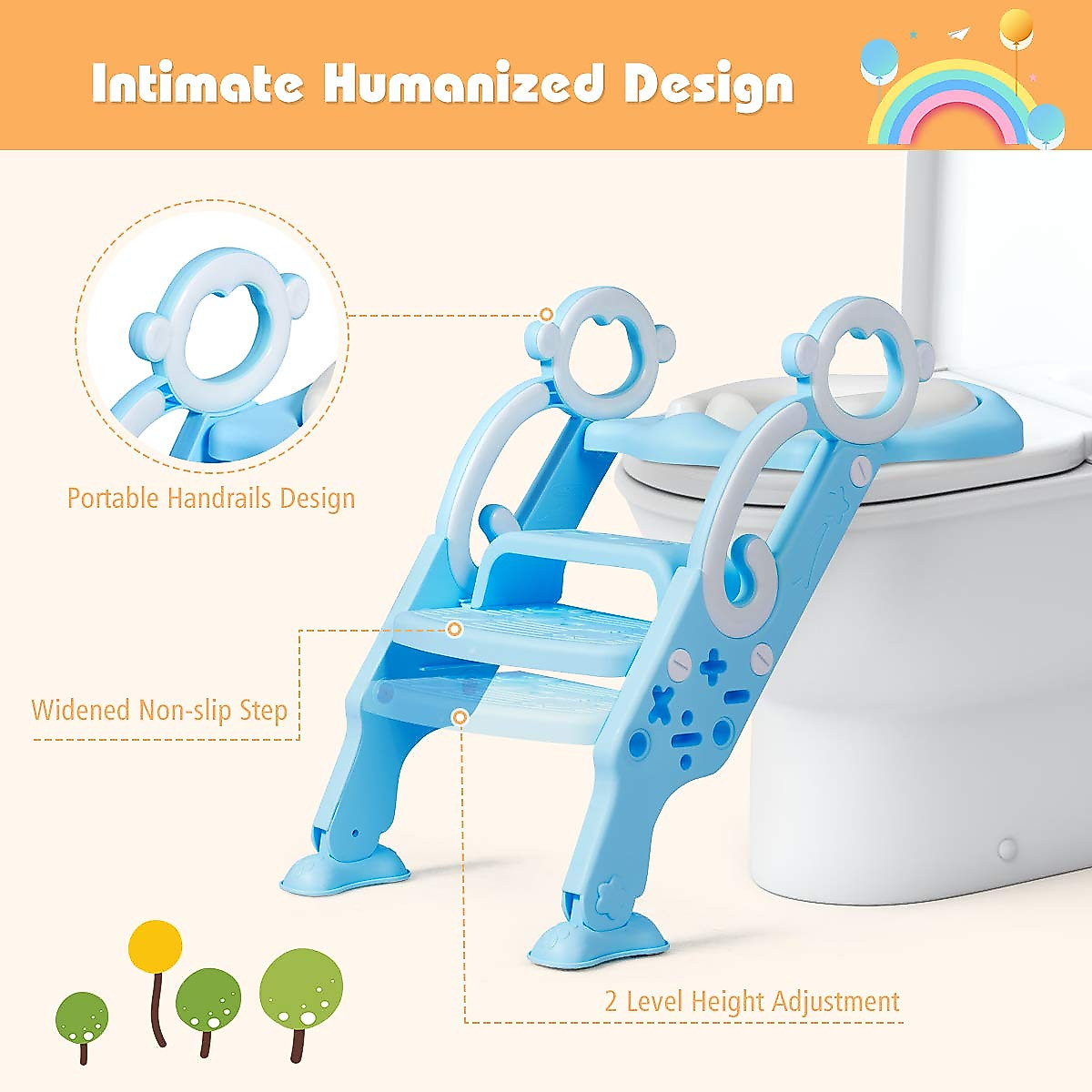 BABY JOY Kids Portable Potty Training Toilet Seat w/Step Stool Ladder, Foldable Adjustable Toddler Toilet Training Seat Chair with Non-Slip Pads and Soft Cushion Seat, for Boys Girls Toddlers (Blue)