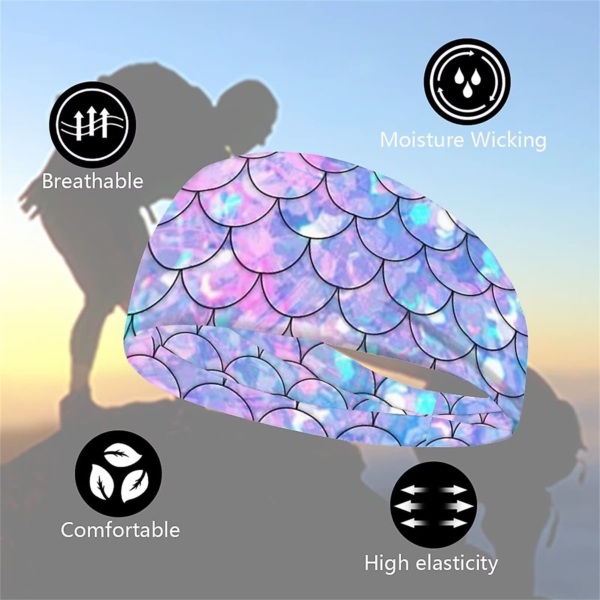 Xoenoiee Mermaid Workout Headbands Non Slip Sport Sweatbands Yoga Hairbands for Travel Fitness Athletic Elastic Moisture Wicking for Men Women, Scale Pattern