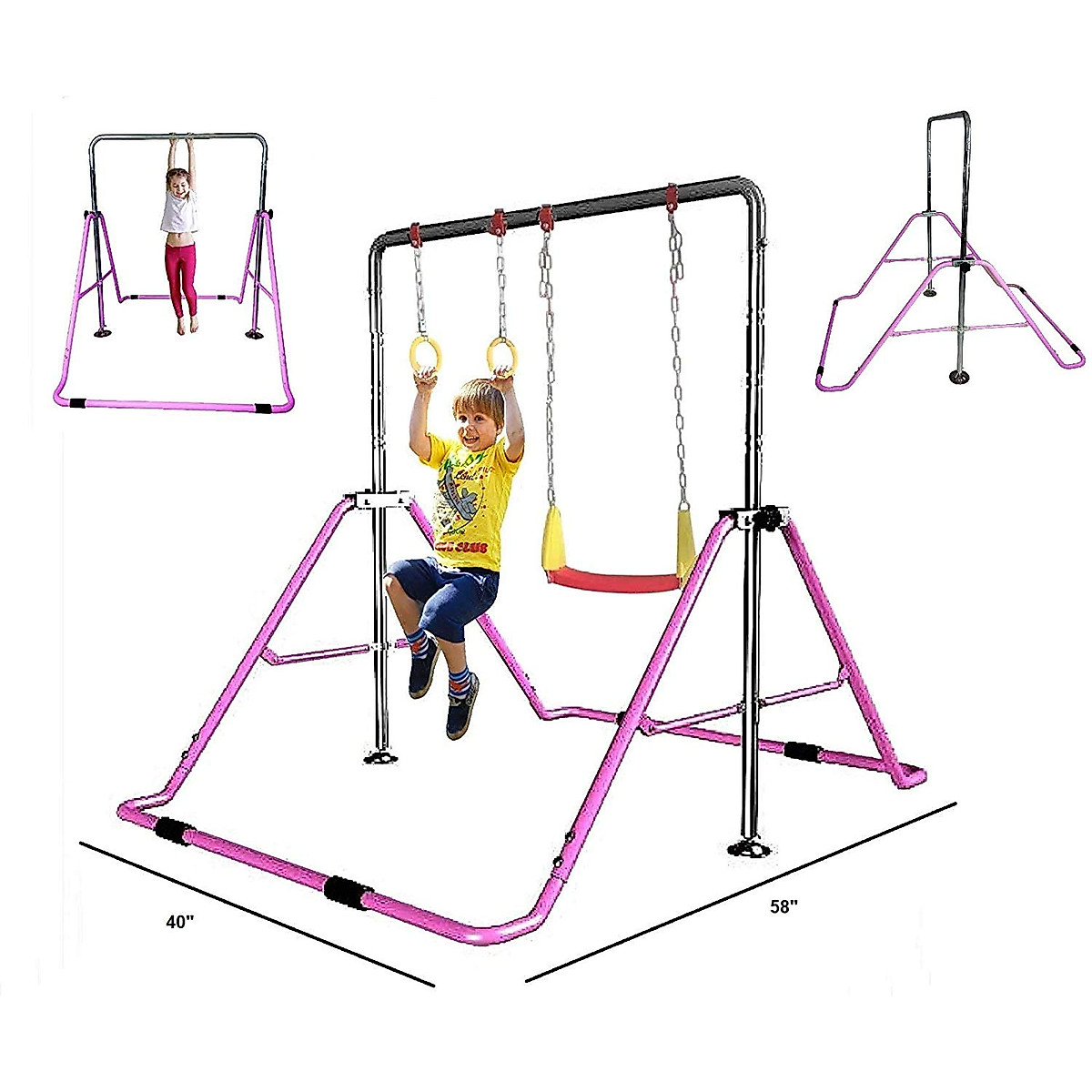 KidsJungle Kids Jungle Gym 3 in 1 Gymnastics Monkey Bar Kip Bar Deluxe Swing Set, Trapeze Rings, Adjustable Horizontal Climb Tower Junior Training Pink