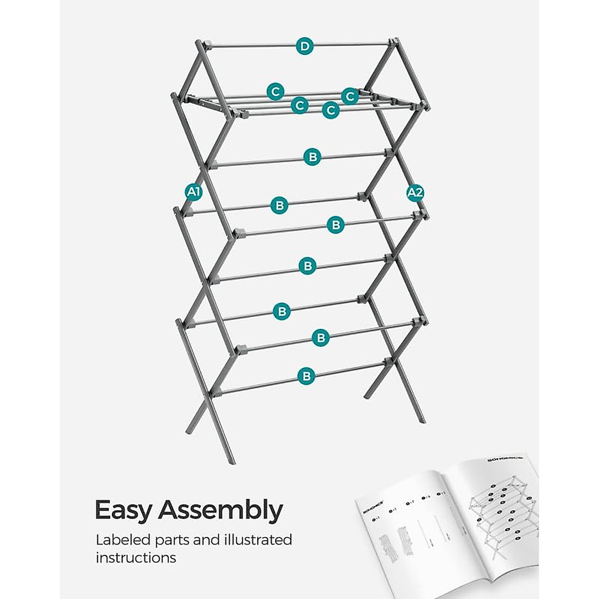 SONGMICS Foldable Clothes Drying Rack, Laundry Drying Rack, Clothes Airer, Steel Frame, 14.6 x 29.5 x 53.2 Inches, Easy Assembly, Indoor Outdoor Use, Gray ULLR770G01