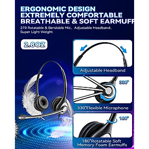 Wantek Corded Telephone Headset Dual w/Noise Canceling Mic + Quick Disconnect Compatible with ShoreTel Zultys NEC Aspire Dterm Nortel Norstar Meridian Siemens ROLM Packet8 Landline Deskphones(602QS2)