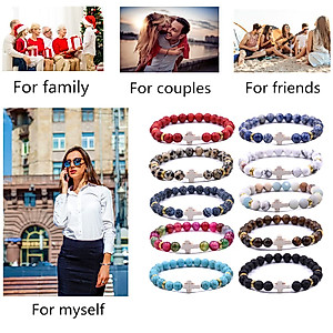HYHONEY Cross Bracelet for Men Beaded Bracelets Couples Bracelets Cross Bracelet for Women Mens Lava Rock Turquoise Tiger Eye Stone Cross Bracelet Crystal Bracelet Anxiety Stretch Elastic Bracelets